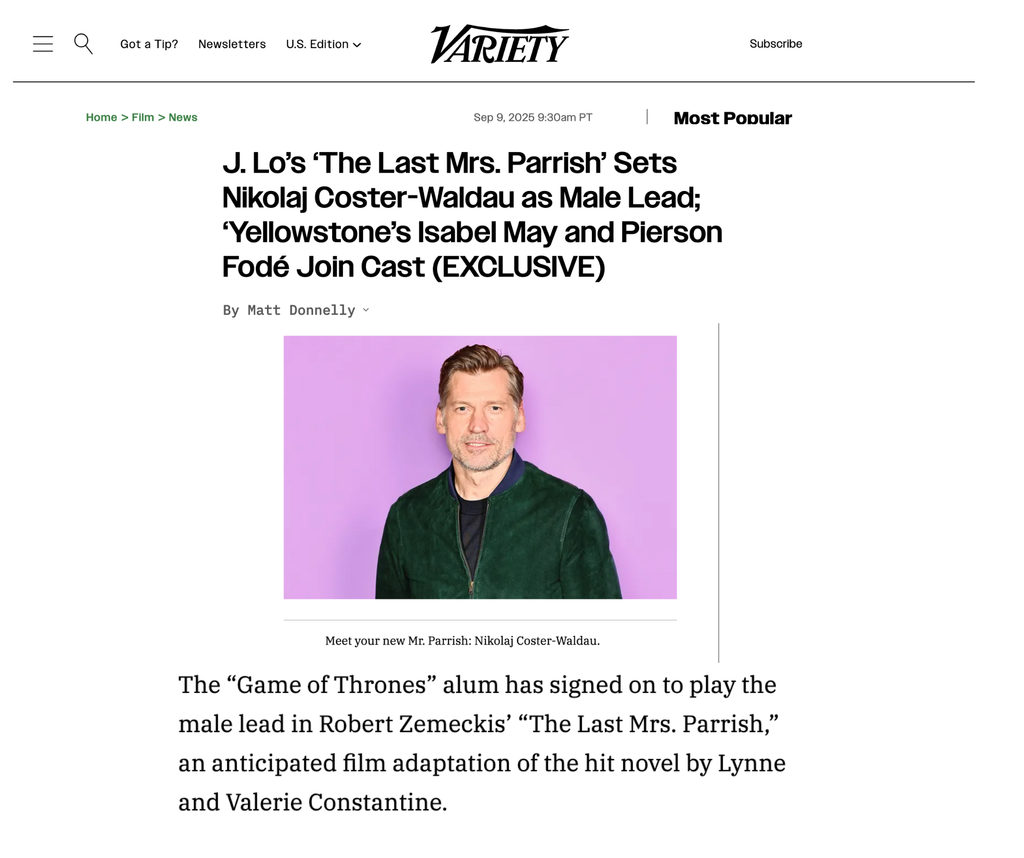 J. Lo’s ‘The Last Mrs. Parrish’ Sets Nikolaj Coster-Waldau as Male Lead ...